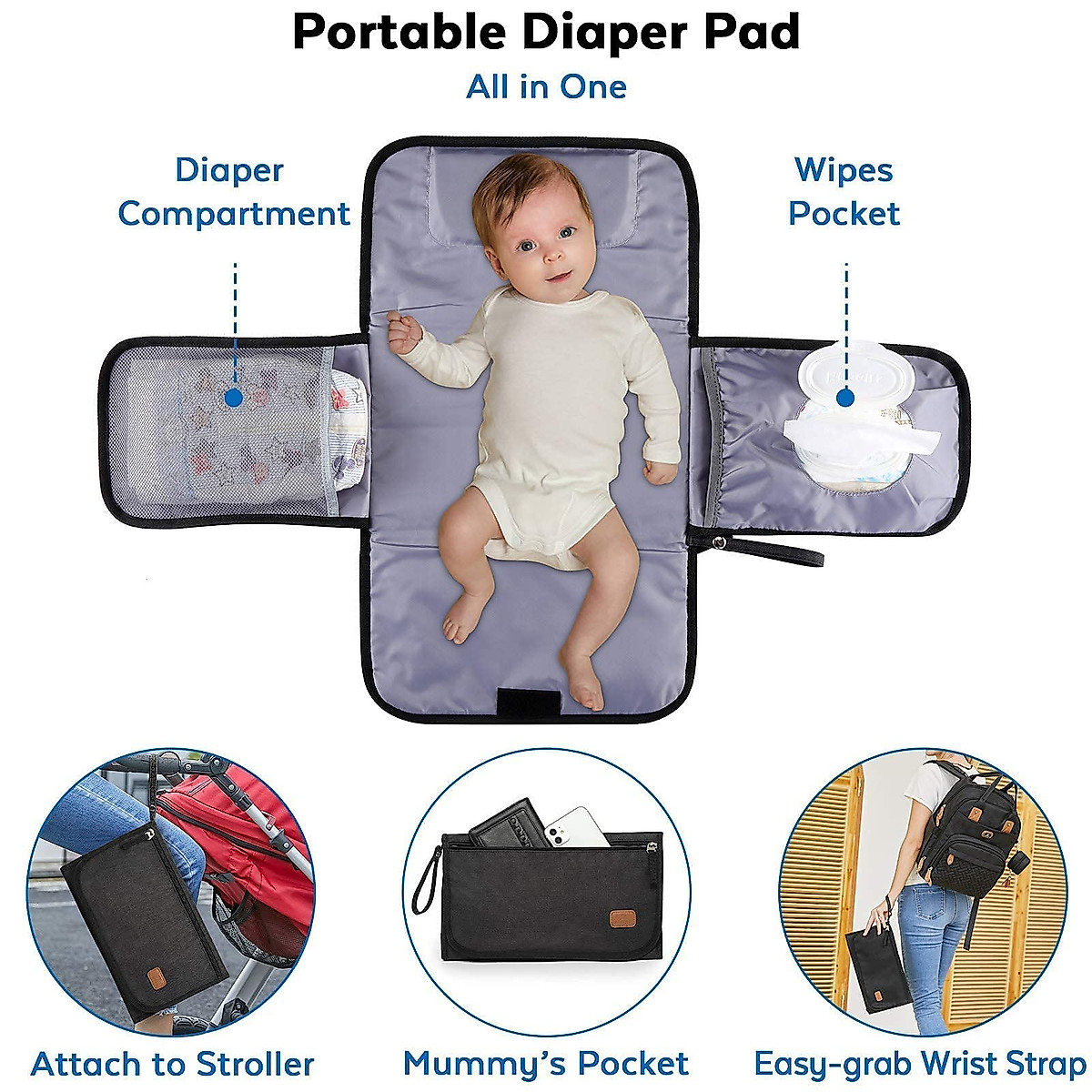 Dikaslon Diaper Bag Backpack, Stroller Hooks, Large Unisex Baby Bags with Changing Pad, Pacifier Case and Universal Stroller Clips for Mom Dad