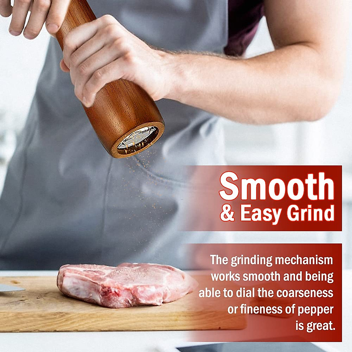 Salt and Pepper Grinders Refillable ​Set, Beech Wood Pepper Mill with Ceramic Mechanism, Solid and Durable Salt Grinders Suited for Sea Salt, Black Peppercorn (6'', Brown Set of 2)