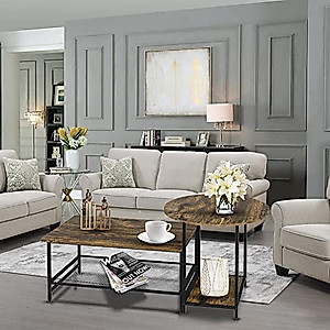 Wolawu Coffee Table Rustic Brown Set of 2 Large Round and Long Rectangle 2 Tiers Wood Storage Shelf Detachable Living Room Rustic Brown