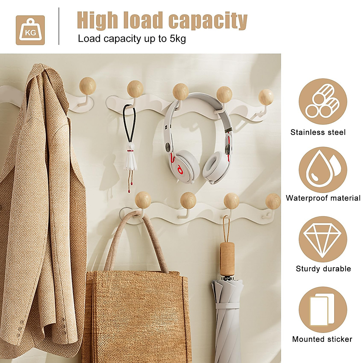 Asruito Coat Hooks for Wall, Key Holder Wall Mount, Coat Rack Wall Mount, Wall Hooks for Coats, Hooks for Hanging Hat Towel Purse Robes Mudroom Bathroom Entryway