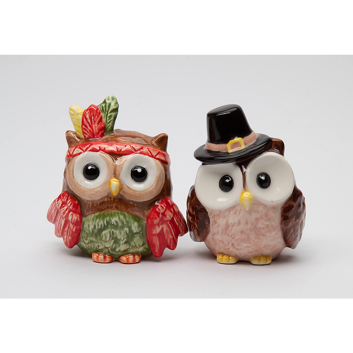 Fine Ceramic Thanksgiving Pilgrim & Native American Indian Owl Salt & Pepper Shakers Set, 2-7/8" H