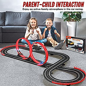Race Track Toys for Boys Age 8-12 with 2 Loop, 4 Race Cars 1:43 Scale with Headlights, Battery Operated Slot Car Race Track Set, 2 Controllers, Lap Counter, 2 Player Game, Gift for Kids 6+ Year Old