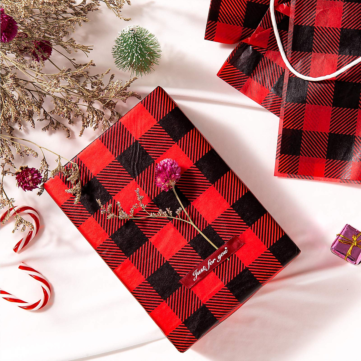 Whaline 120 Sheet Buffalo Plaid Tissue Paper Christmas Red Black Buffalo Check Gift Wrapping Paper Farmhouse Rustic Art Paper Crafts for DIY Gift Wrapping Christmas Holiday, 13.78" x 19.69"