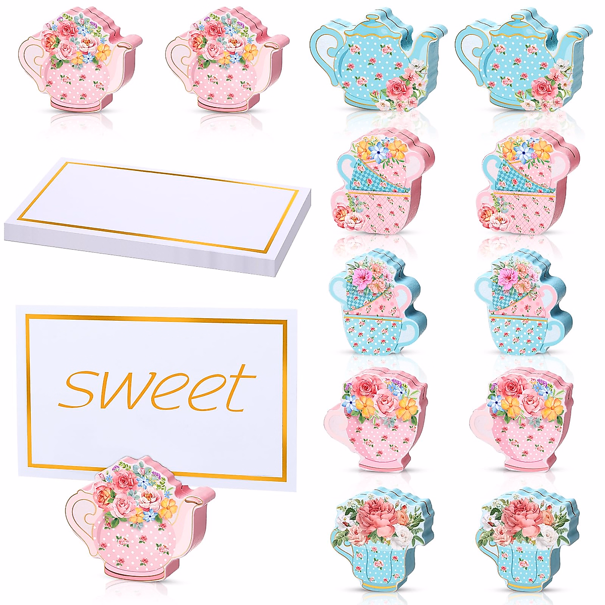 Kigley 18 Pcs Teapot Wooden Place Card Holder with 25 Pcs Gold Foil Card Tea Floral Party Wooden Table Sign Teapot Picture Number Sign Stands Holder for Wonderland Tea Party Baby Shower (Stylish)