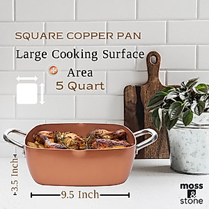 Moss & Stone 7 Pcs Copper Pots And Pans Set, Copper Chef Cookware Non Stick, Square Copper Pans for Cooking, Round Copper Pot & Fry Basket, Oven Safe 5 Quart Deep Frying Pan, Induction Cookware Set