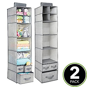 mDesign Soft Fabric Over Closet Rod Hanging Storage Organizer with 7 Shelves and 3 Removable Drawers for Child/Kids Room or Nursery - Textured Print - 2 Pack - Gray