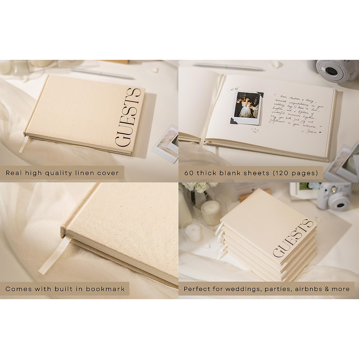 Cream Guest Book (Design 3) - 9.5 x 7 Real Linen Hardcover Guestbook for Wedding Ceremony Reception Signin, to Add Polaroid & Write Messages, Bridal Baby Shower Engagement Birthday Party, Small Size