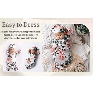 Giggle Angel Newborn Baby Sleeper Gown Infant Knotted Gown Baby Girl Long Sleeve Gowns Coming Home Outfits Hat Set 0-3 Months (Inkgreen)