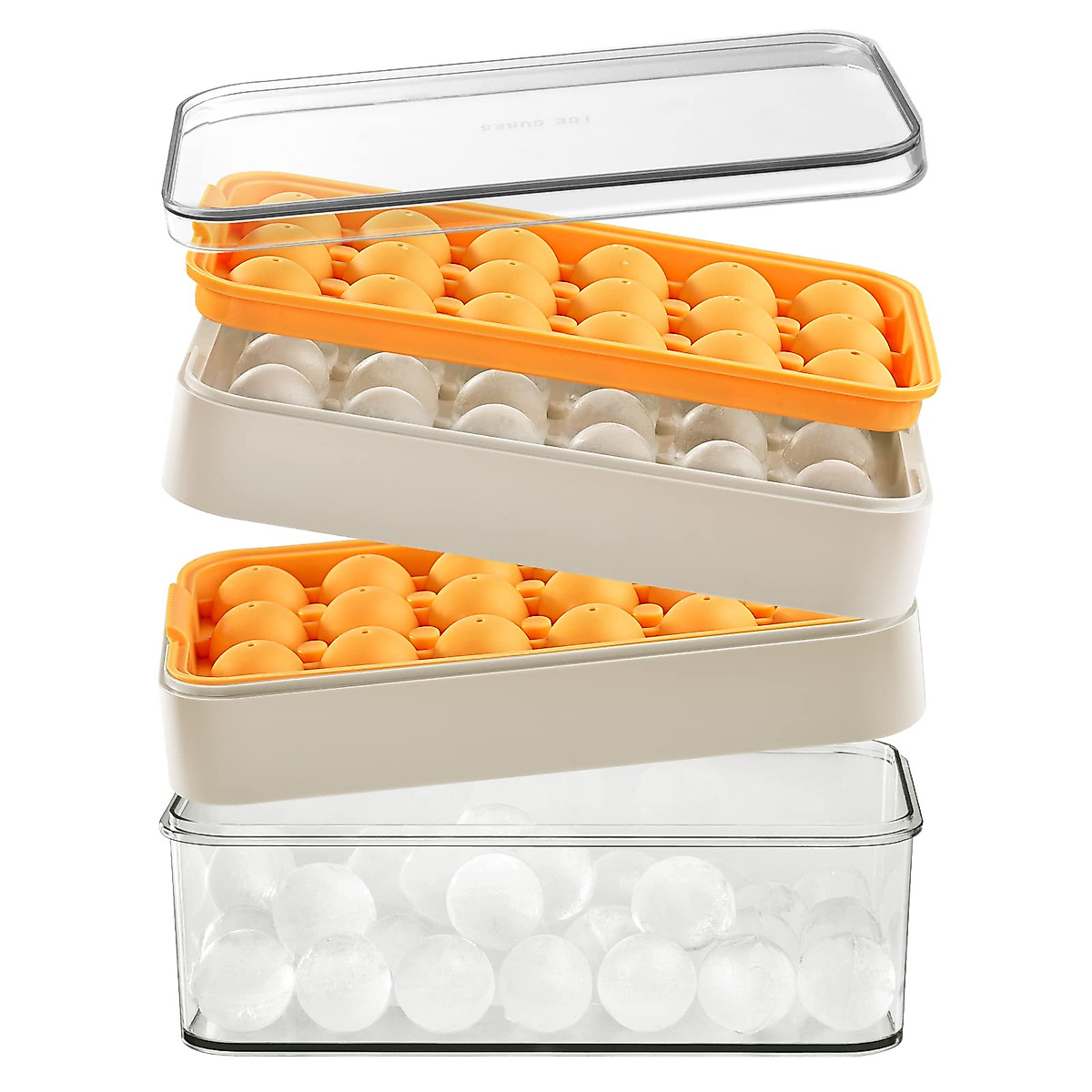 longzon Round Ice cube Trays for Freezer,Easy-Release Silicone,Circle Ice cube tray Making Sphere Ice with Removable Lid,BPA Free,for Cocktail,Whiskey Tea Coffee 2 Trays 1 ice Bucket & Scoop [2 pack]