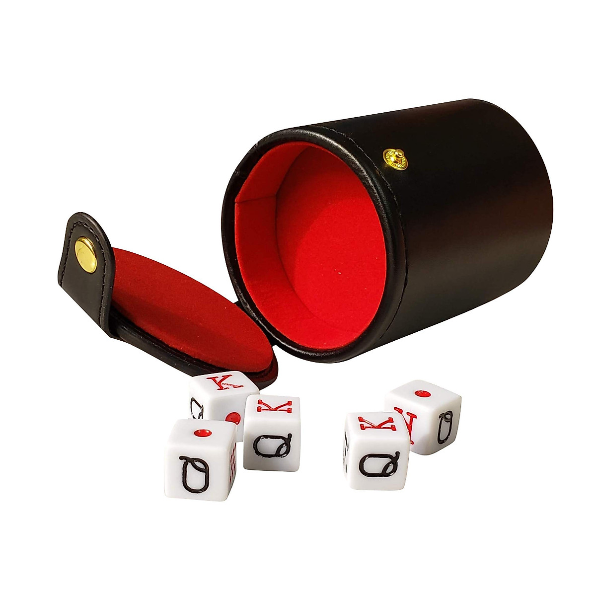 Bene Casa - Black Leather Dice Cup with Red Felt Interior Includes Reinforced Bottom and Snap-on Cup Lid - Comes with Set of 5 6-Sided Dice