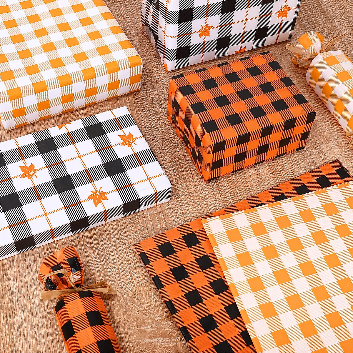 Whaline 90 Sheets Fall Tissue Paper Folded Flat Buffalo Plaid Wrapping Paper Maple Leaf Gift Wrapping Tissue Paper Thanksgiving Art Paper for Home DIY Gift Bags Party Favor Autumn Decor, 14 x 20inch