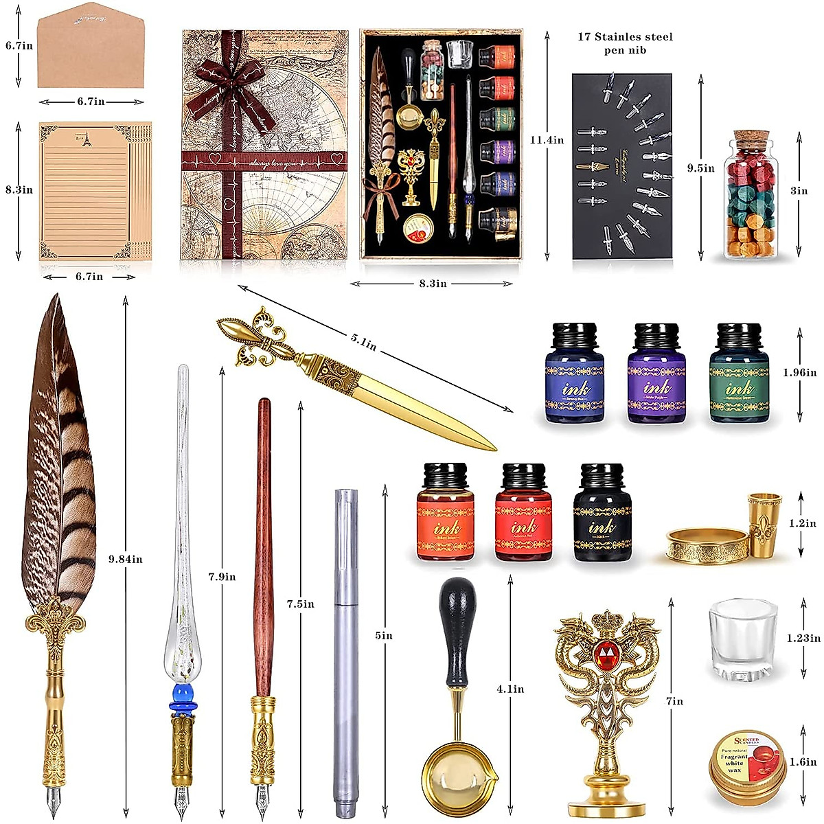 NC Quill Pen Ink Set,includes quill pen,wooden And glass dip pen,6 bottles ink,8 letter paper,1 envelope,17 Replaceable Nibs,1 bottle of fire lacquer wax,spoon,Seal Stamp,candle,pen holder, Cup.