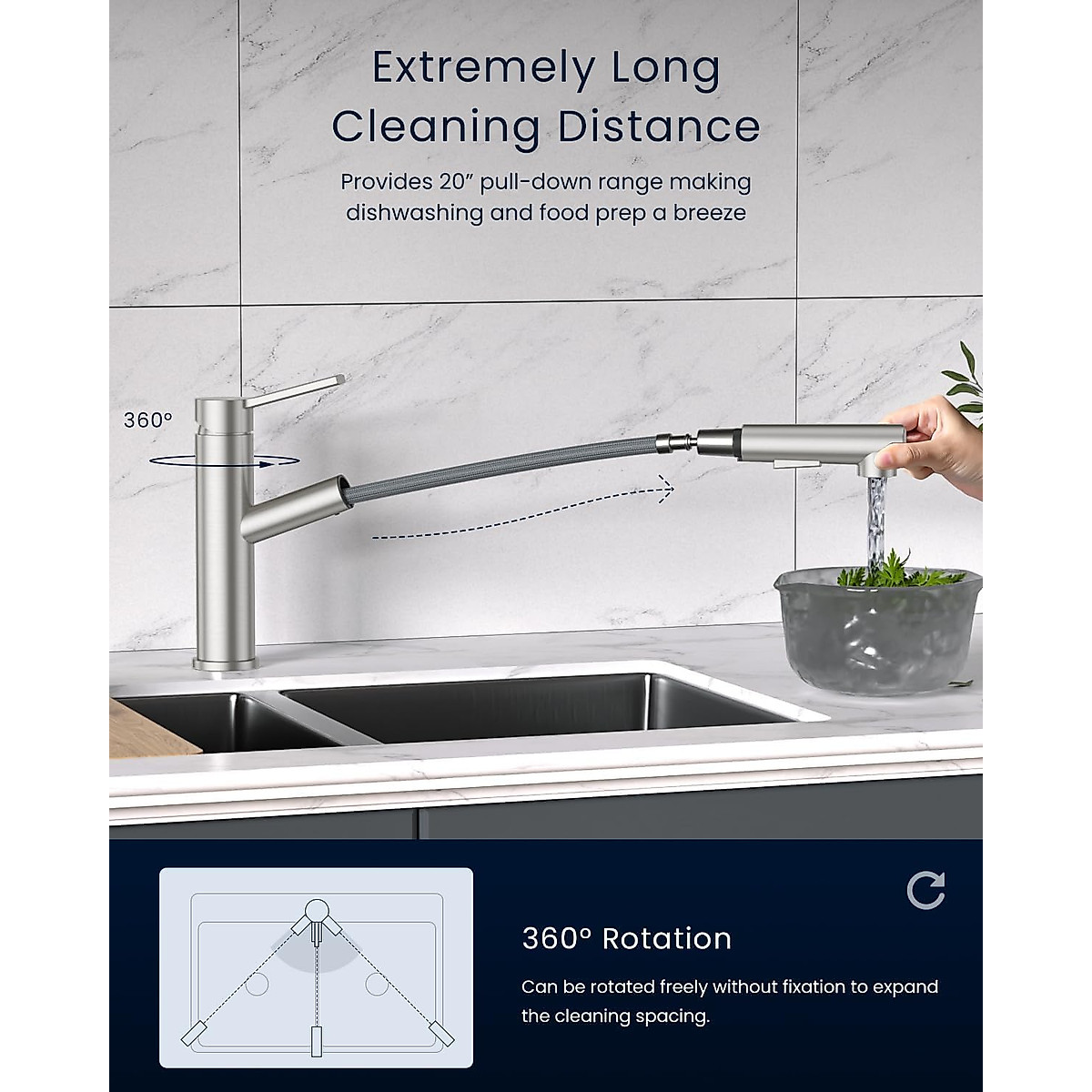 DAYONE Modern Bar Kitchen Faucet with Pull-out Sprayer Brushed Nickel, RV Single Handle Kitchen Sink Faucets Low Arc Stainless Steel, with Deck Plate for 1 3 Holes Sink Install 2 Modes and 360° Swivel