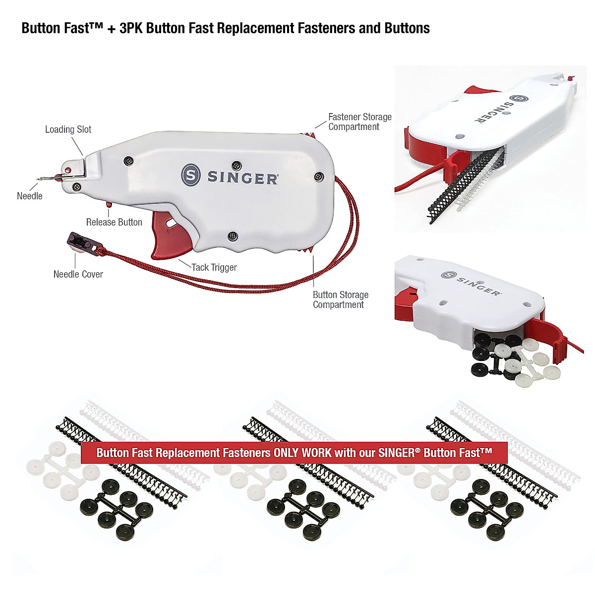 SINGER Button Fast™ Replacement Fasteners and Buttons Bundle - Quick Fix Temporary Solution for Missing Buttons and Clothing Repairs
