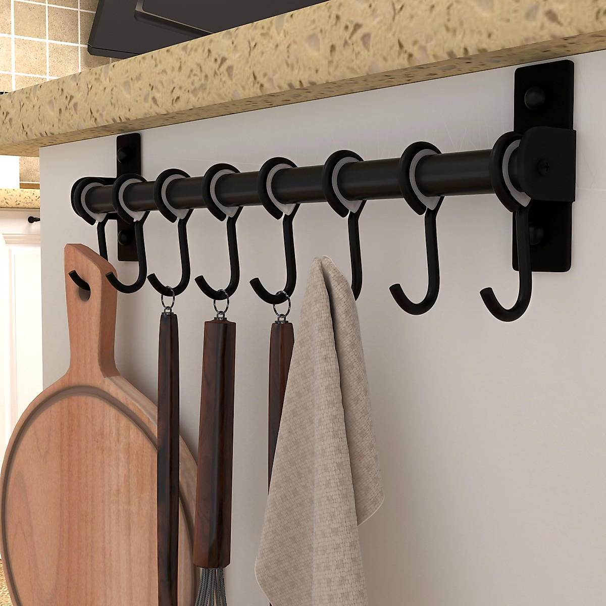 Dseap Pot Rack - Pots and Pans Hanging Rack Rail with 8 Hooks, Pot Hangers for Kitchen, Wall Mounted, Black