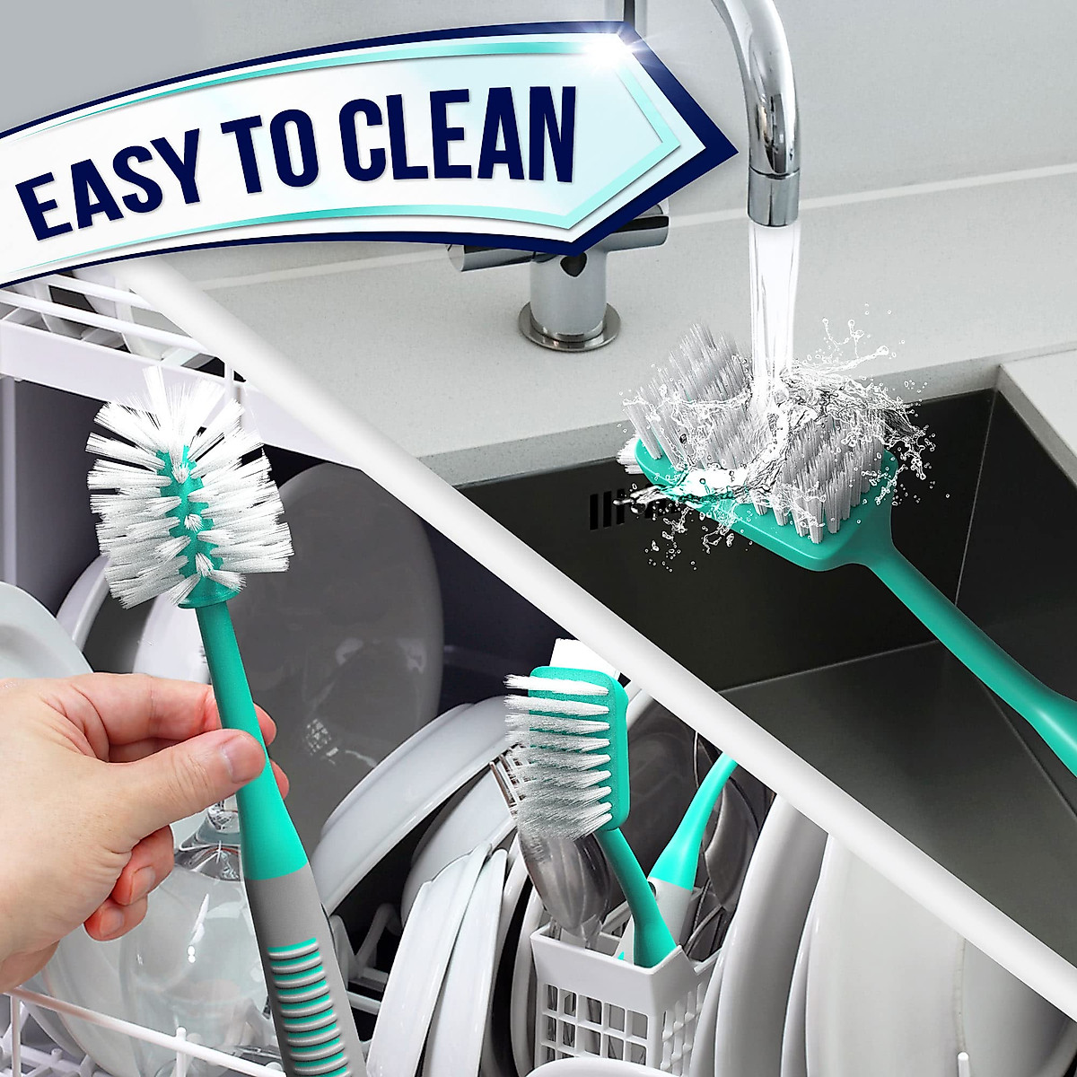 Dish Brush Set of 4 with Bottle Water Brush, Dish Scrub Brush, Scrubber Brush and Straw Brush - Kitchen Scrub Brushes Ergonomic Non Slip Long Handle for Cleaning Cleaner Wash Dish Sink Dishes Cup Pot