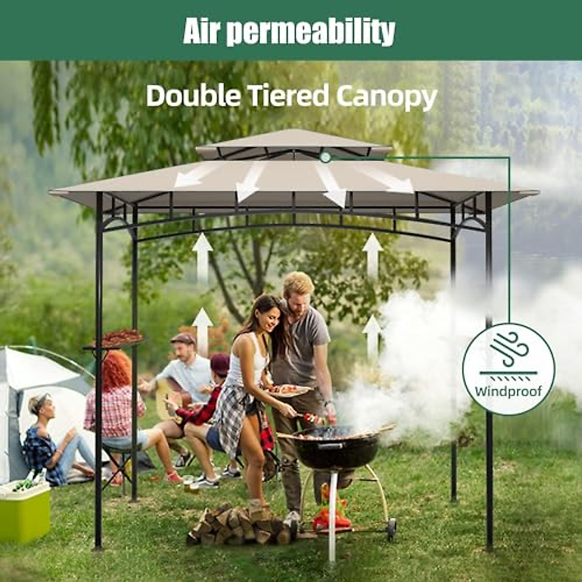 DikaSun Grill Gazebo 8 x 5 Double Tiered Outdoor BBQ Covering Canopy Shade for Patio Barbecue Gazebo Backyard Tent Shelter and 10 Hooks(Sand)
