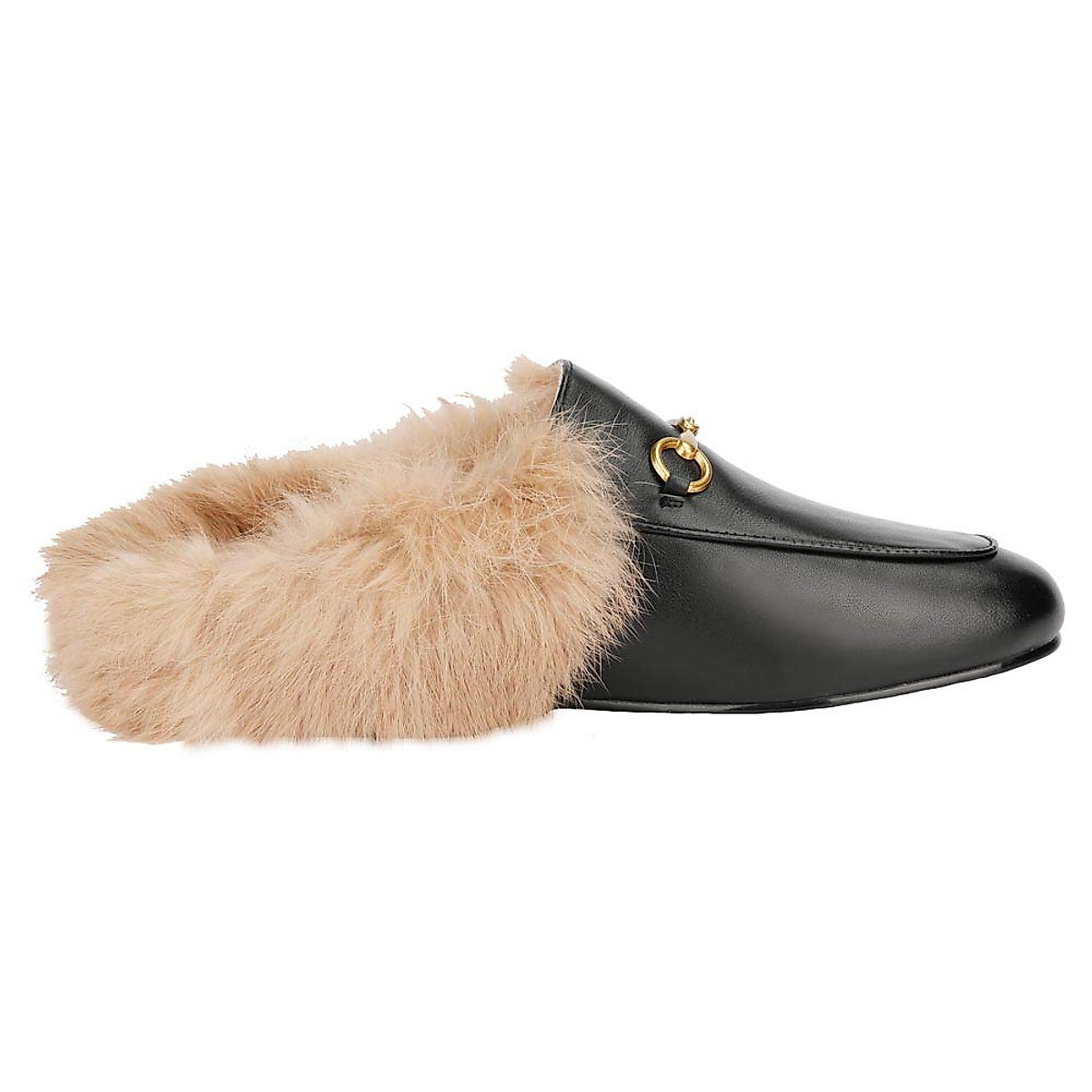 Arqa Fur Mules for Women Comfortable Leather Buckle Mule Flats Furry Padded Backless Loafers Casual Slides Shoes