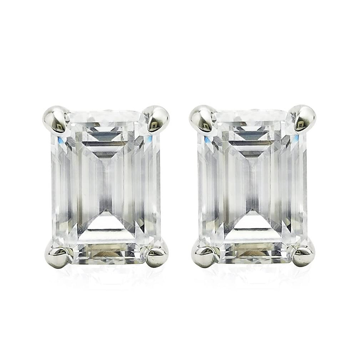 Bo.Dream Emerald Cut Cubic Zirconia CZ Stud Earrings for Women Faux Diamond 18K White Gold Plated Sterling Silver (Total 2.0 Carats, 5x7mm)