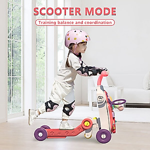 QDRAGON 5 in 1 Walker for Baby Girl, Baby Push Walkers, Assemble as Scooter/Motorbike/Activity Center/Detachable Panel, Walking Toys Learning Walker for Infants Toddler, Red