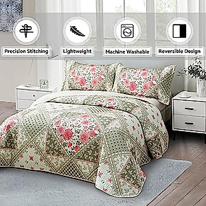 zhuzai 3 Piece Patchwork Quilt Set Full/Queen Size, Green Plaid Floral Bedspread Lightweight Reversible Microfiber Bedding with 2 Shams Shabby Chic Rose Comforter for All Season, 90''x96''