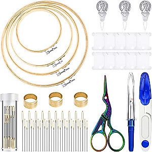 53 Pieces Cross Stitch Tool Embroidery Starter Kit, Includes Bamboo Circle Cross Stitch Hoop Ring, Vintage Sewing Scissors, Needle-Threading Tools, Thimbles, Floss Bobbins, Seam Ripper and Embroidery