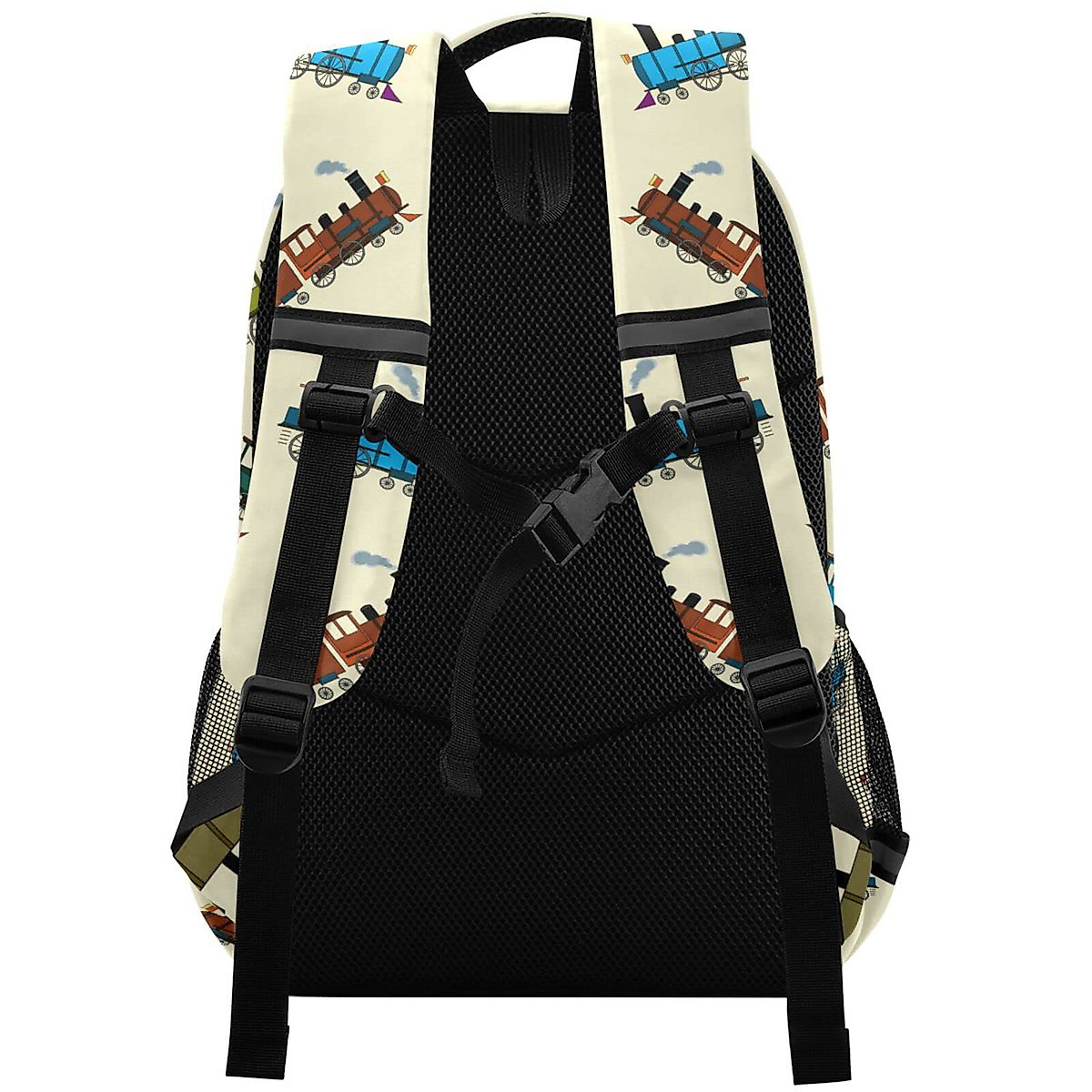 Retro Steam Trains School Backpacks with Chest Strap for Teens Boys Girls,Lightweight Student Bookbags 17 Inch, Cartoon Style Casual Daypack Schoolbags