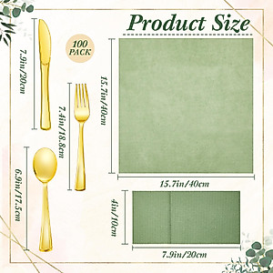 Tioncy 100 Pack Gold Plastic Silverware Cutlery Set Dinner Napkins with Built in Flatware Pocket Disposable 100 Forks Spoons Knives and 100 Like Cloth Paper Napkins for Dinner Wedding Party (Green)