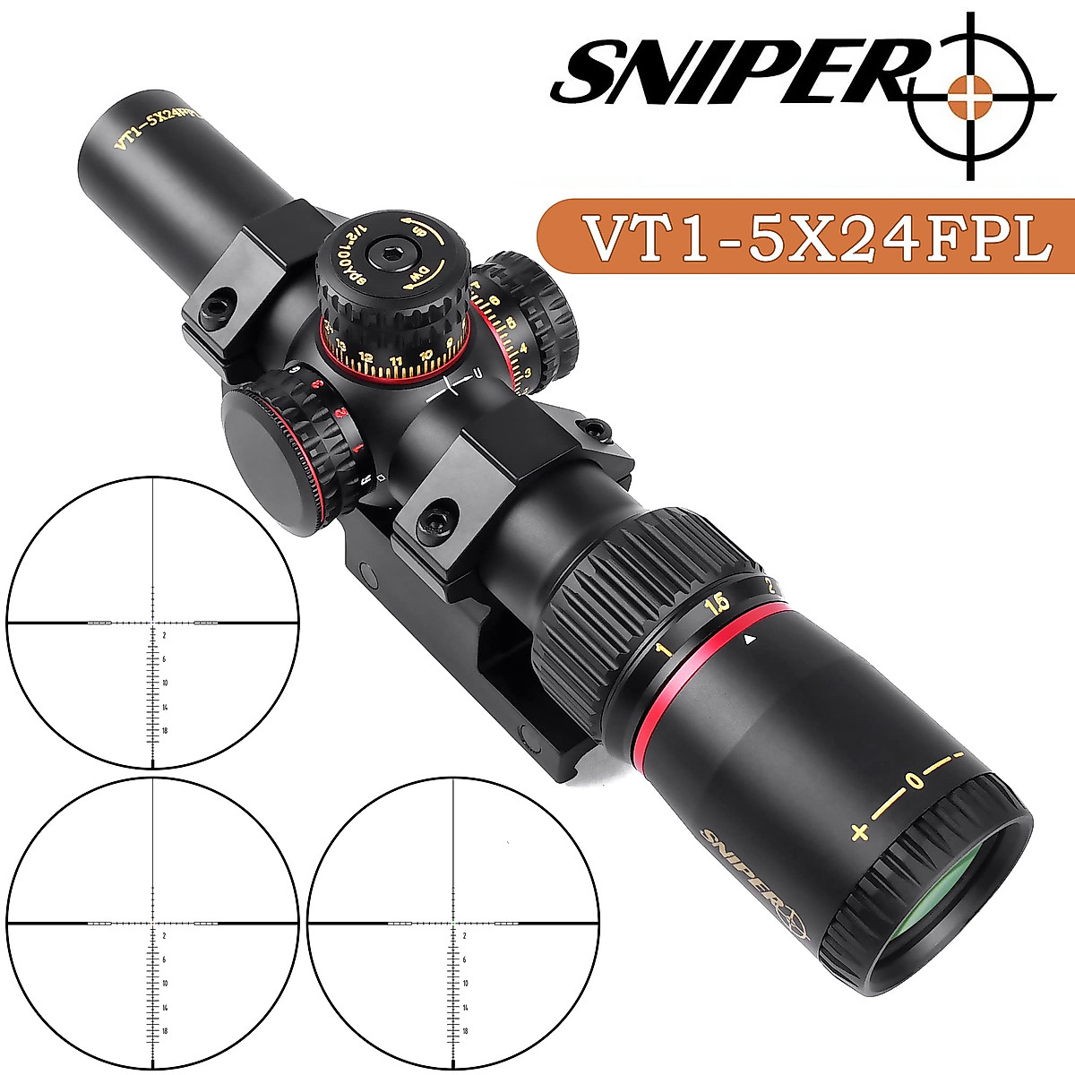 Sniper VT 1-5X24 FFP First Focal Plane LPVO Rifle Scope with Red/Green Illuminated Reticle and Scope Mount