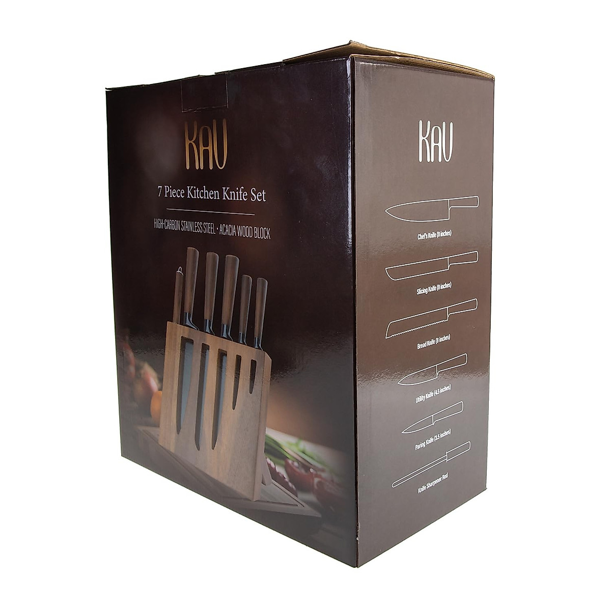 Knife Set with Block, KAV 7pc Kitchen Knives and Sharpening Rod, Stainless Steel Knife Set in High Carbon Matte Black, Chef's Slicing Bread Utility Knifes, Modern Wooden Block Open Face