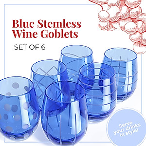 American Atelier Medallion Stemless Wine Glass Set of 6, 17 oz, Etched Patterns, Textured Glass Cups, Glasses for Red or White Wine, Stemless Goblets, Fifth Avenue Crystal, Blue
