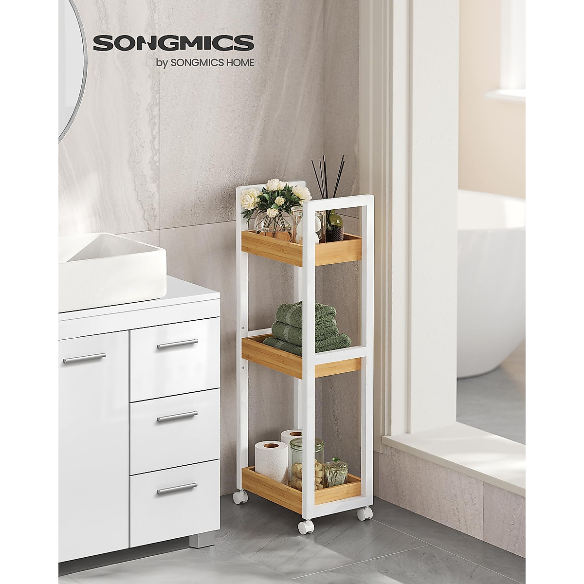 SONGMICS Bamboo Rolling Cart, 3-Tier Utility Cart on Wheels, Slim Narrow Storage Shelf, Bamboo Shelves, Space-Saving, Multifunctional, for Bathroom, Kitchen, White and Natural UBCB083N02