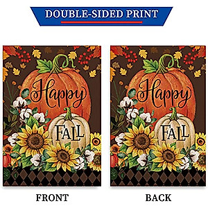 Happy Fall Garden Flag Burlap Autumn Vertical Double Sided Fall Thanksgiving Pumpkin Garden Flag Yard Outdoor Decoration 12.5 X 18 Inch