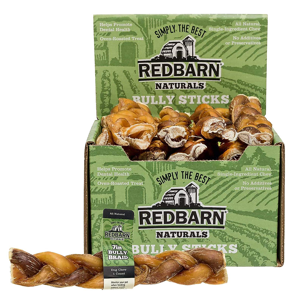 Redbarn 7" Braided Bully Sticks for Dogs. Natural, Grain-Free, Highly Palatable, Long-Lasting Dental Chews Sourced from Free-Range, Grass-Fed Cattle (25 Sticks)