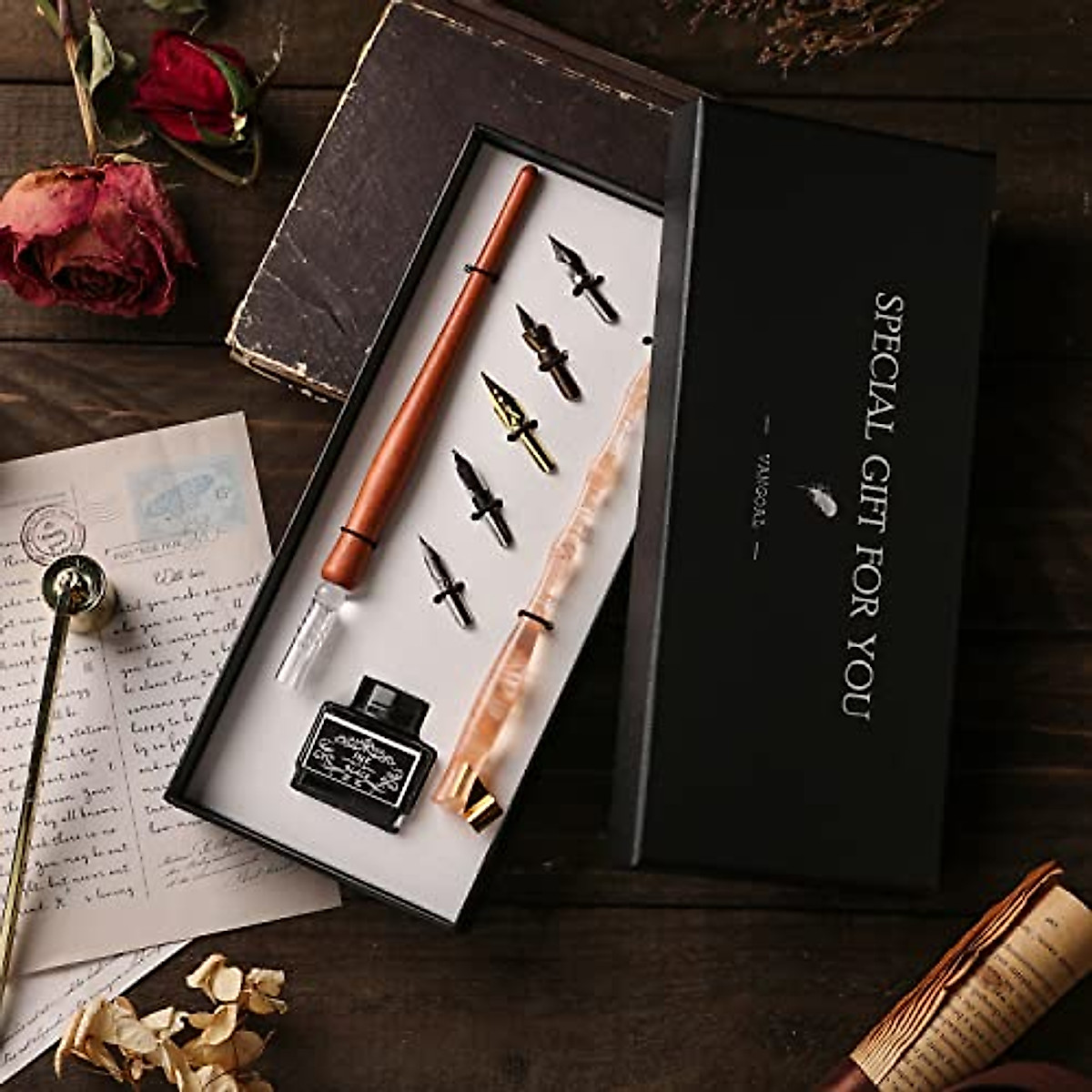 VANGOAL Oblique Calligraphy Pen and Glass Pen Ink set, Includes Crystal Oblique Dip Pen,Wooden Glass Pen,5 Different Nibs and Bottle of Ink, Gorgeous Art & Business Gift (Orange+Pink)