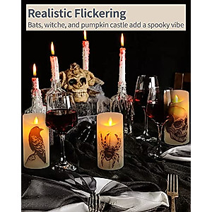 SHYMERY Halloween Decorations Indoor,Halloween Candles with Remote Timer,Skull,Spider Web,Crow Decor Raven Decals,Battery Operated Canldes for Table Witchy Bathroom Kitchen Spooky Home Decoration