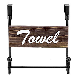 MyGift Industrial Matte Black Metal Over Cabinet Door Hand Towel Bar Holder with Decorative Burnt Wood Cursive Towel Sign
