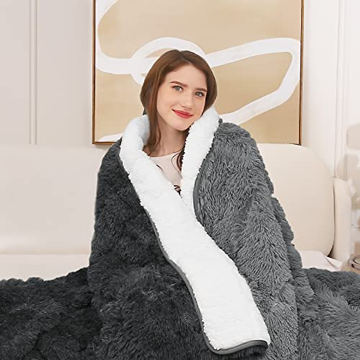 yescool Faux Fur Weighted Blanket 60"x80" 20lbs,Fuzzy Cozy Shaggy Weighted Blanket Queen Size for Adult，Fluffy Sherpa Comfy Heavy Blanket for Women Men,Warm Soft Plush Grey Blanket for Couch Sofa Bed