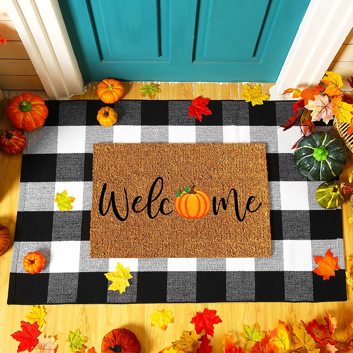 Moucuny 2 Pcs Fall Coir Welcome Doormat Fall Rug Outdoor Mat Layered Buffalo Plaid Mat Halloween Mats Pumpkin Maple Mat for Autumn Thanksgiving Fall Front Porch Outdoor Entryway(Plain Style)