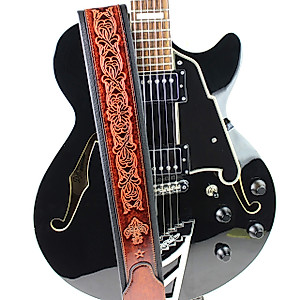 Walker And Williams GB-22 Bourbon Brown Padded Guitar Strap with Fleur De Lis & French Chain Design For Acoustic, Electric, And Bass Guitars