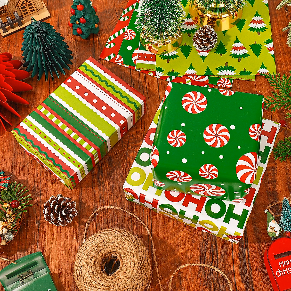 AnyDesign 12 Sheet Christmas Wrapping Paper Red Green Xmas Tree Candy Stripes Gift Wrap Paper Bulk Folded Flat DIY Craft Paper for Birthday Wedding Party Gift Decor, 19.7 x 27.6 In