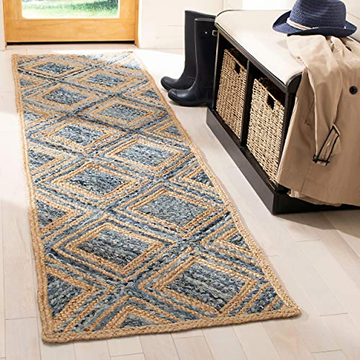 SAFAVIEH Cape Cod Collection 2'3" x 10' Natural / Blue CAP354A Handmade Flatweave Diamond Braided Jute & Denim Runner Rug