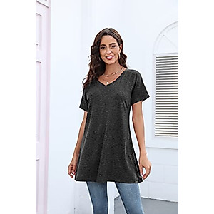 KKG Long Tunics for Women to Wear with Leggings, Short Sleeve Long Tops  to wear with Leggings V Neck Plus Size Summer Shirt Black
