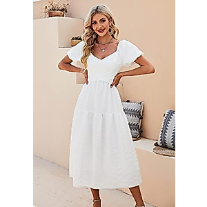 ANNA&CHRIS Womens Summer Puff Sleeve Midi Dress A Line V Neck High Waist Tie Back Smocked Tiered Boho Wrap Dresses White L