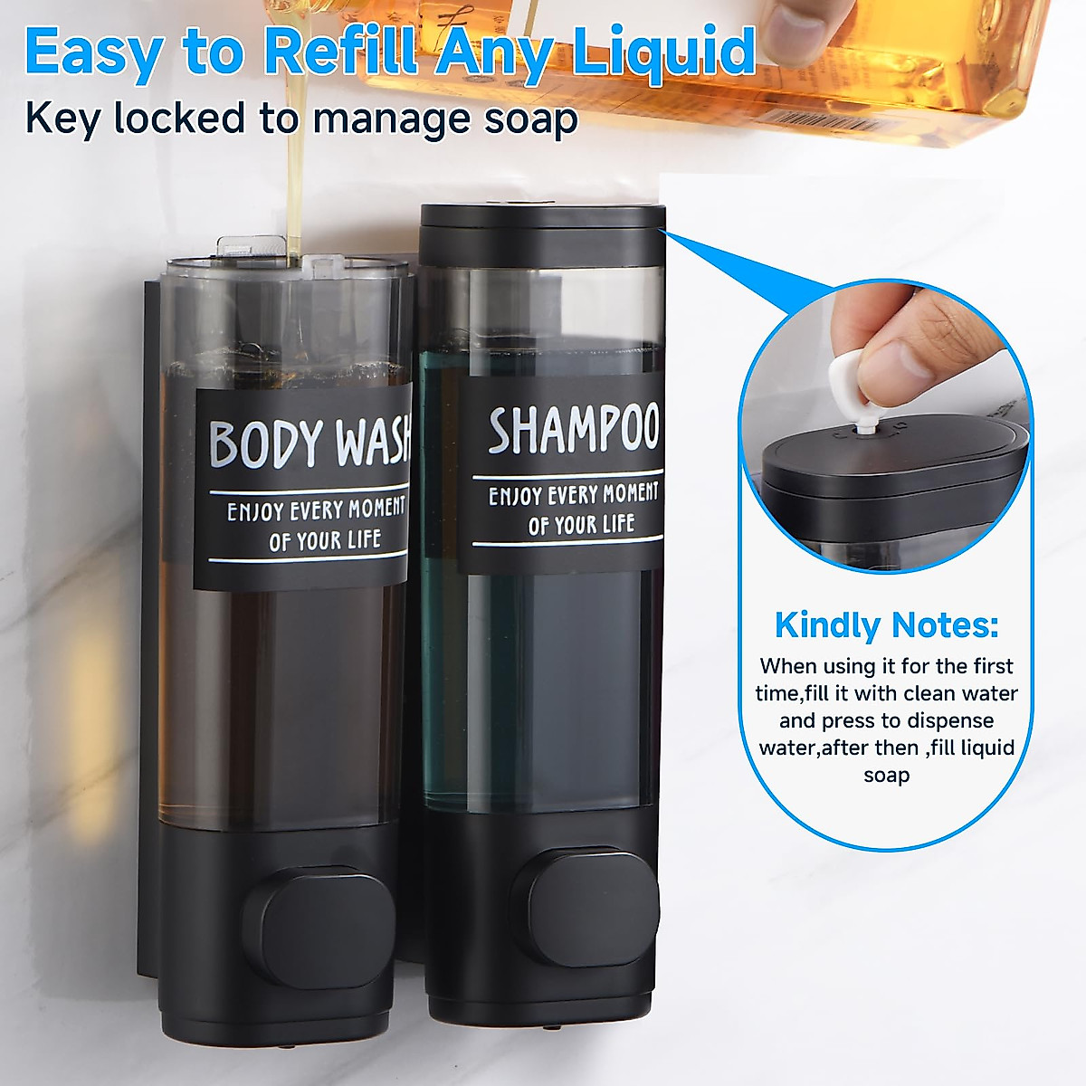 Shampoo and Conditioner Dispenser,GlintGath Shower Dispenser 2 Chamber No Drill Shampoo Dispenser for Shower Wall Mounted Shower Soap Dispenser for Bathroom Hotel,2 * 300ML,Matte Black