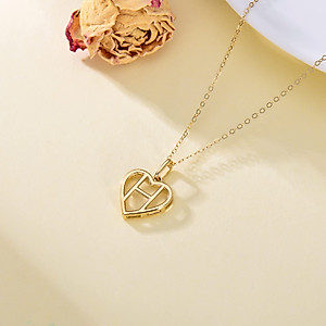 14K Solid Gold Heart Initial Necklaces for Women, Real Gold Heart Pendant Letter C Alphabet Necklace Jewelry Gift for Her, 18" Gold Adjustable Chain (C)