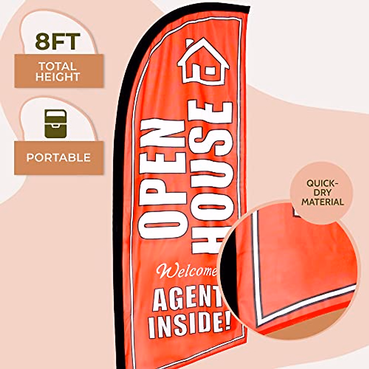 2 Pack Open House Flags Signs Banners or Real Estate Flags for Real Estate Agents or Realtors, with Pole Stake and Carrying Case