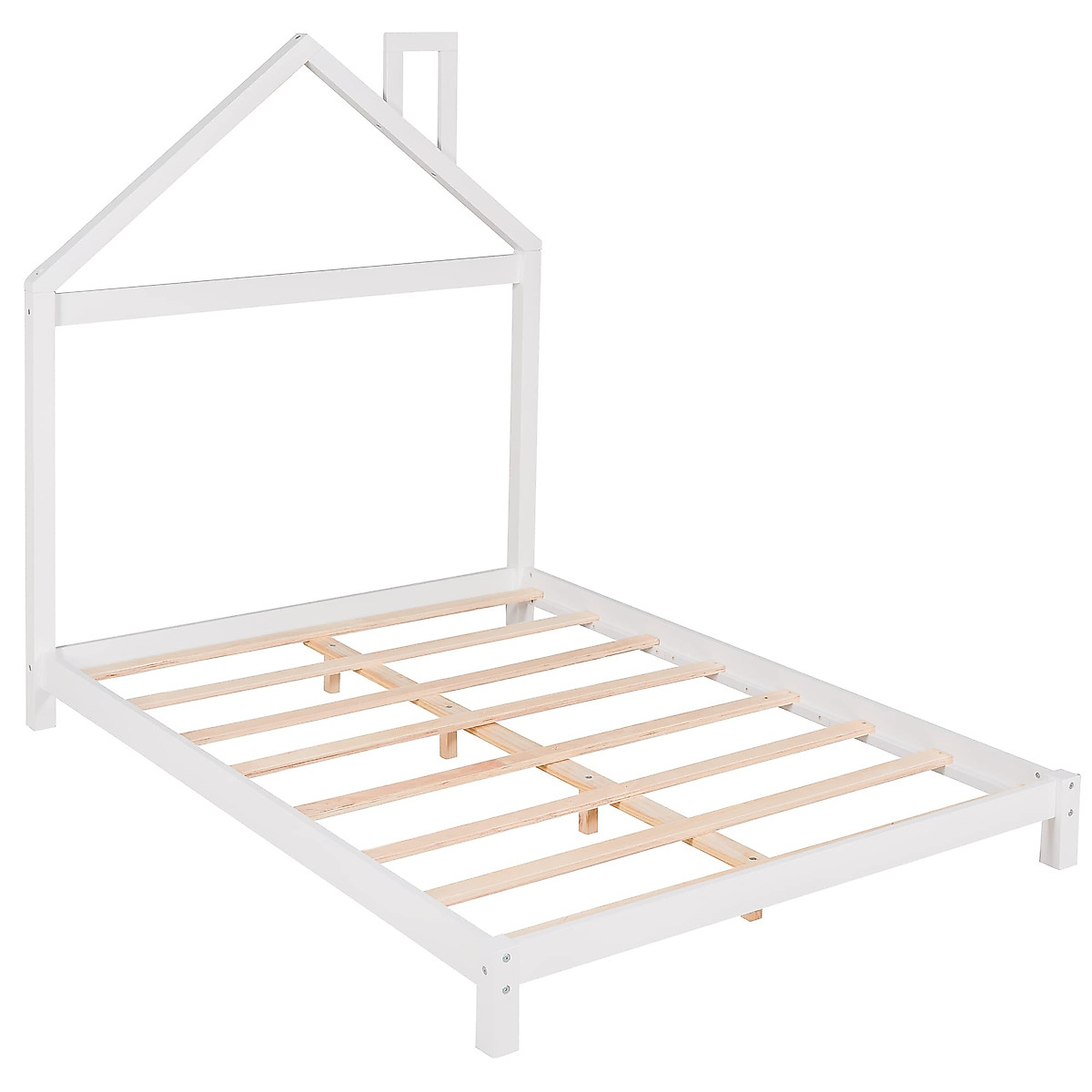 Full Size House Platform Bed Frame Mattress Foundation with Headboard/No Box Spring Needed/Easy Assembly, White