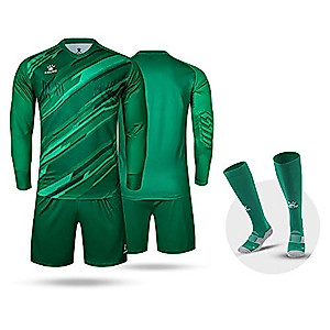 KELME Men Goalkeeper Padded Jersey and Shorts, Youth Soccer Goalie Long Sleeve Uniform, Adult Keeper Kit Shirts Pants Socks Green XL