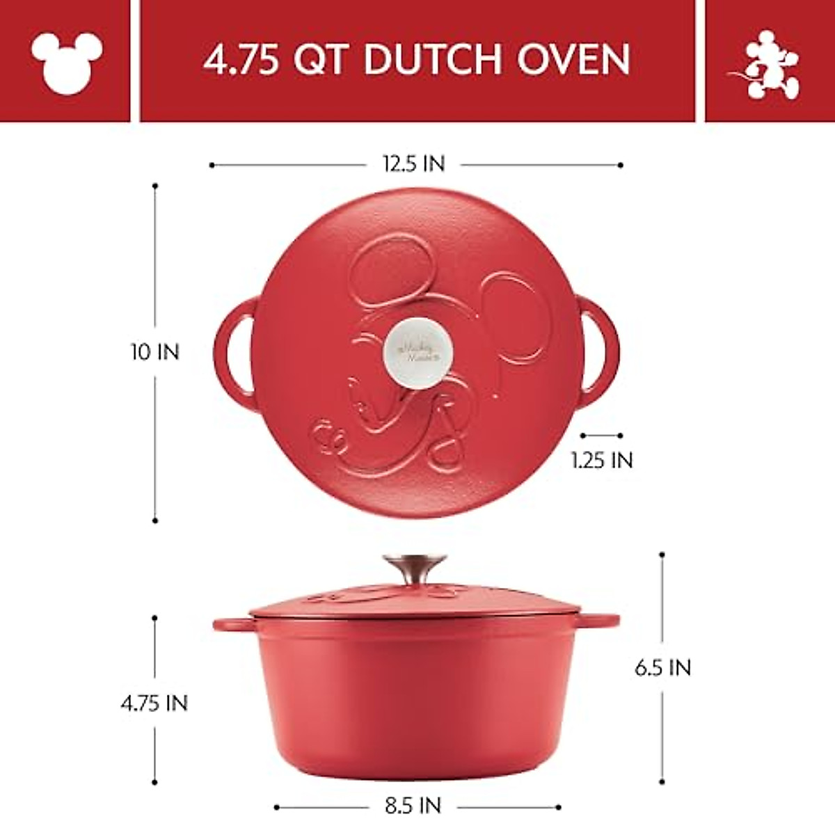 Farberware Disney Bon Voyage Pre-Seasoned Cast Iron Dutch Oven/Casserole Pan with Lid, Suitable for All Stovetops, Including Induction, 4.75 Quart, Red
